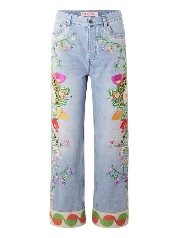 Valentino Garavani Bead-embellished Embroidered Straight-leg Jeans - Blue