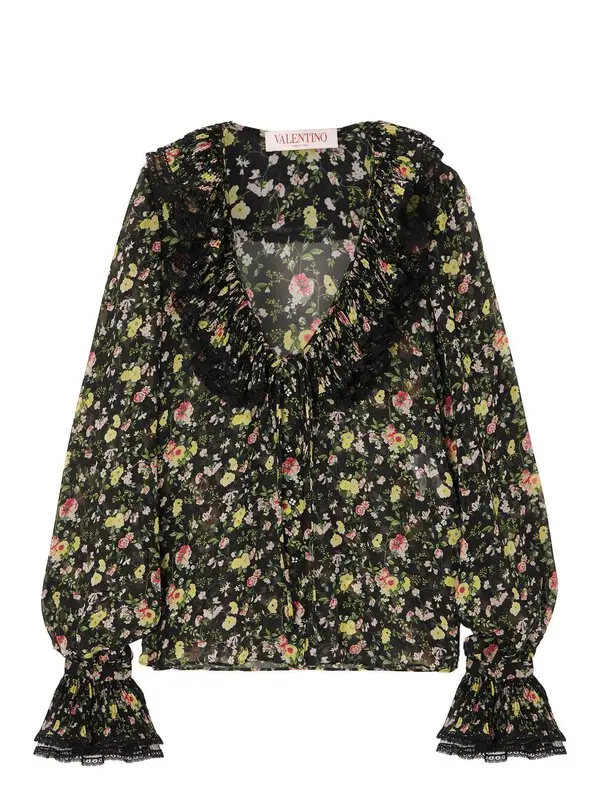 Valentino Garavani Ruffled Printed Silk-chiffon Blouse - Black