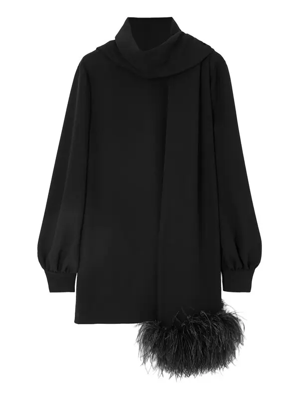 Valentino Garavani Feather-trimmed Scarf-detailed Silk Crepe De Chine Blouse - Black