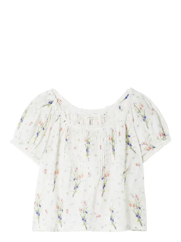 DÔEN Frederica Lace-trimmed Floral-print Organic Cotton-voile Blouse - White