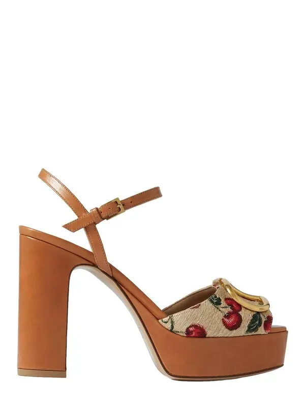 Valentino Garavani Vlogo 115 Embellished Leather And Canvas-jacquard Sandals - Brown