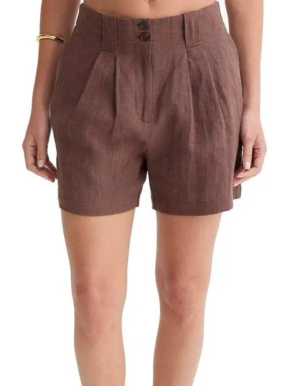 CRESCENT Pleated Linen High-waisted Shorts - Brown
