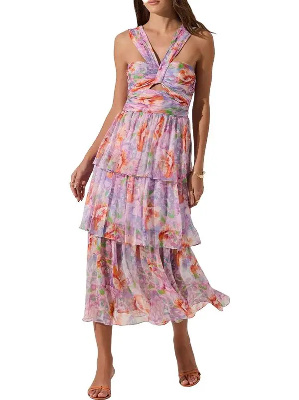 Astr The Label Floral Tiered Keyhole Dress - Purple Multi Floral