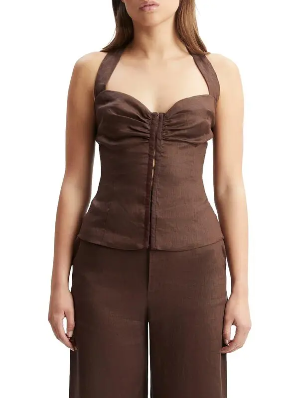 Bardot Rixton Smocked Linen Halter Top - Chocolate