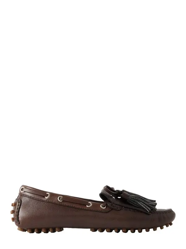 Brunello Cucinelli Tasseled Bead-embellished Leather Loafers - Brown