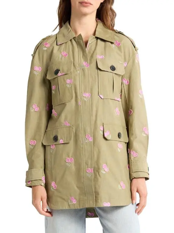 Avec Les Filles Cherry Embroidered Utility Jacket - Moss/ Pink Cherry