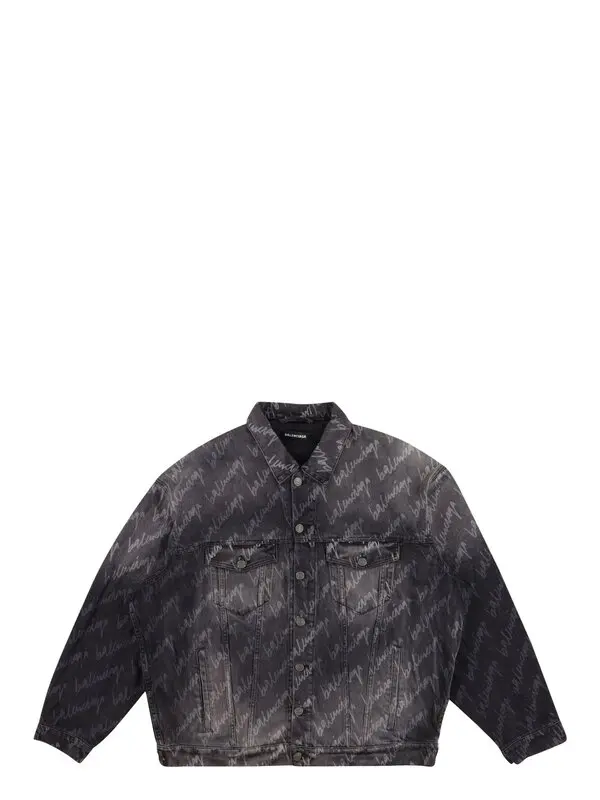 Balenciaga All-over Logo Oversized Denim Jacket - Black