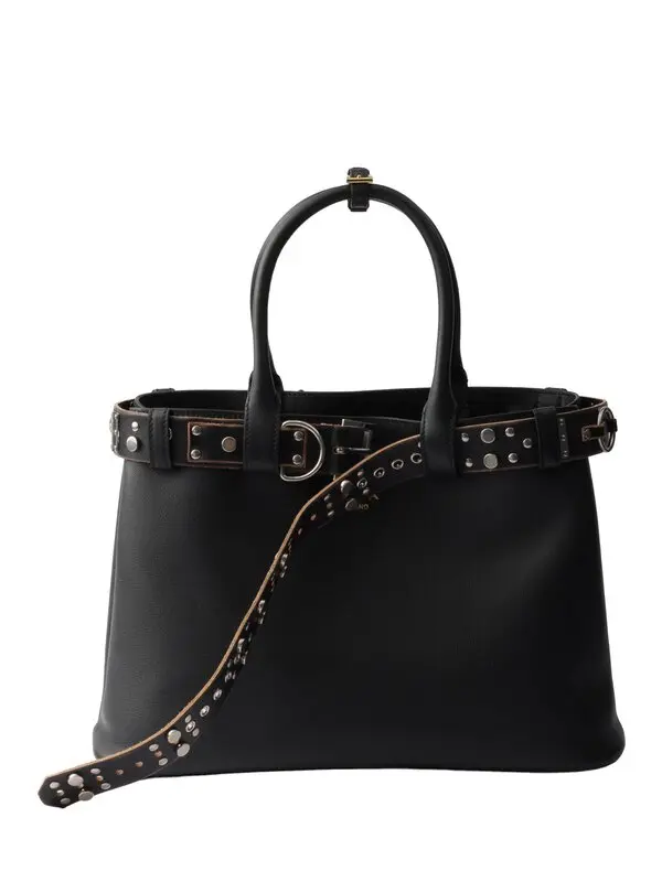 Prada Leather Handbag With Studded Belt - Black