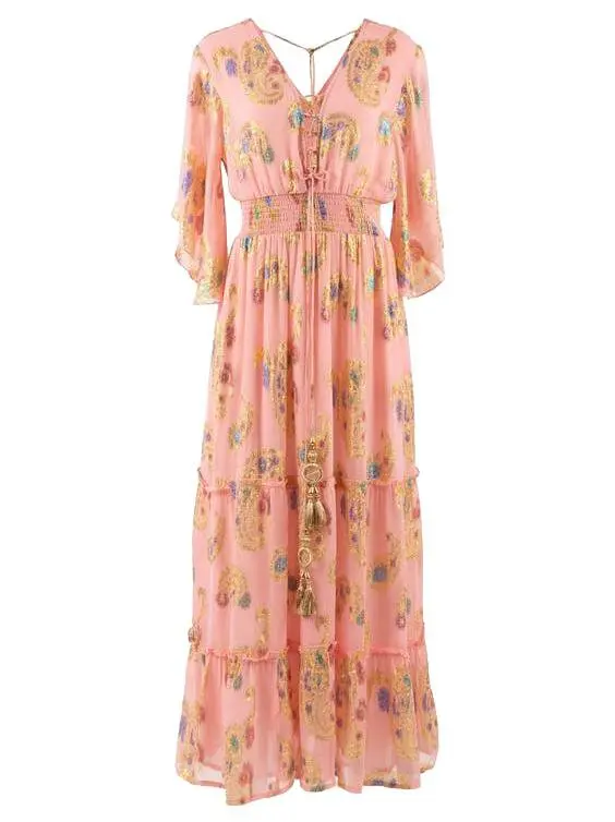 HOLICHIC Devina Metallic Embroidery Georgette Maxi Dress - Pink