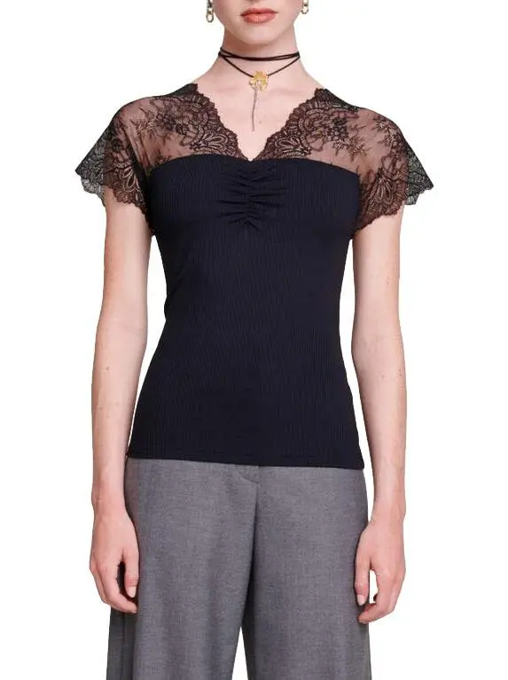 Maje Jersey Top With Lace - Black