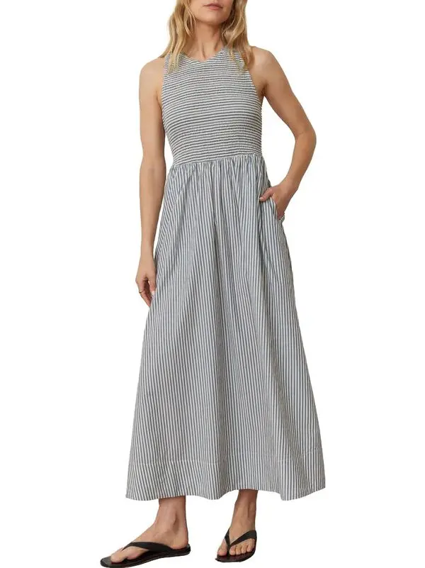 Marine Layer Darcy Sleeveless Smocked Midi Dress - Navy Stripe