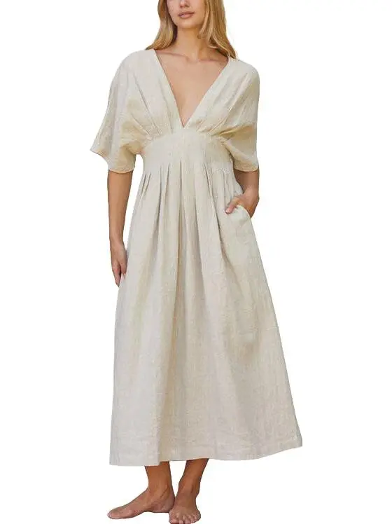 CRESCENT Pleated Linen Midi Dress - Oatmeal