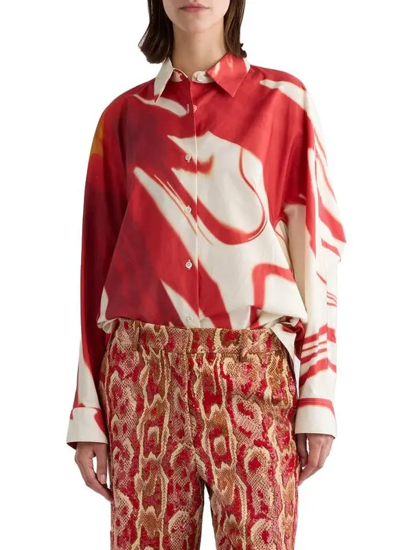 Dries Van Noten Printed Oversized Cotton Poplin Shirt - Red