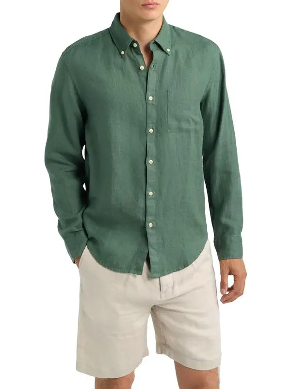 ALEX CRANE Playa Linen Button-down Shirt - Pine