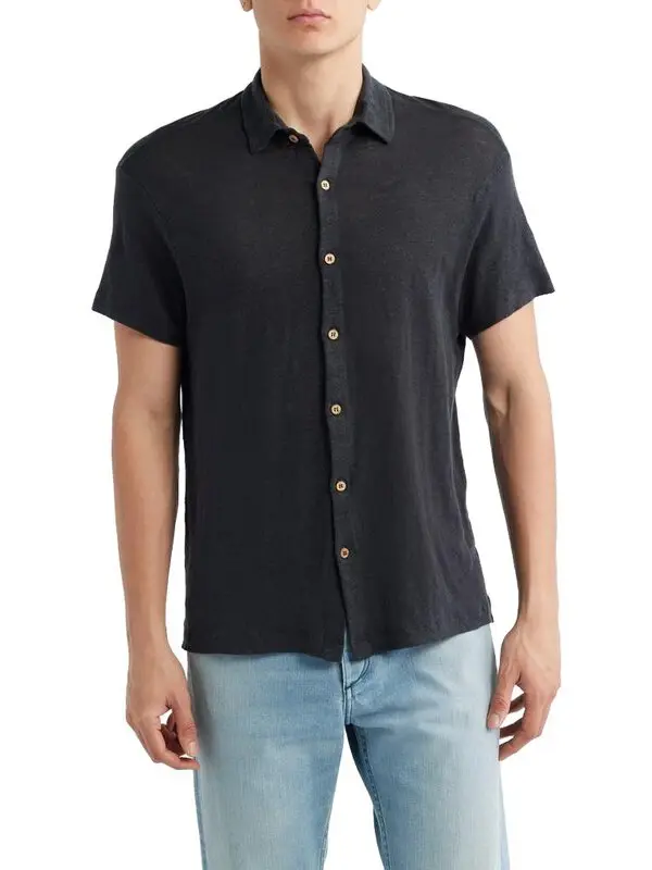 ALEX CRANE Ola Linen Knit Short Sleeve Button-up - Night