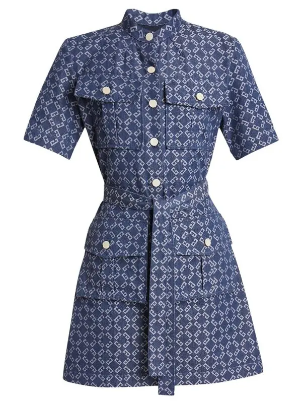 Givenchy Monogram Denim Mini Shirtdress With Belt - Denim Blue