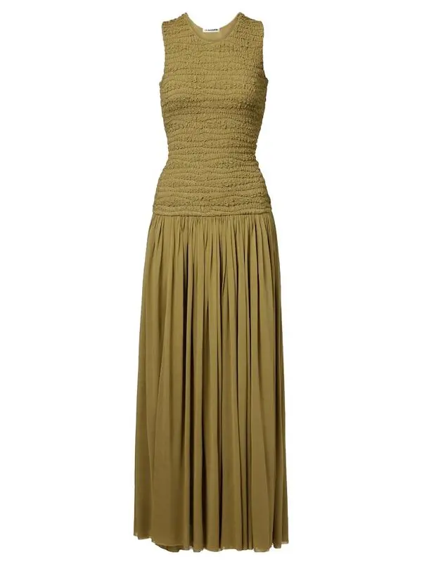 JIL SANDER Shirred Plissé Maxi Dress - Green