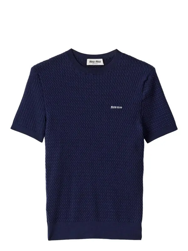 Miu Miu Cashmere And Silk Cable-knit Crew-neck Sweater - Navy