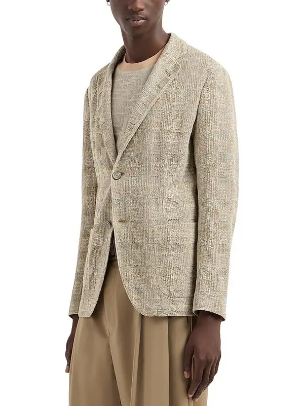 Emporio Armani Regular Fit Knit Window Pane Cotton Blazer - Beige/grey