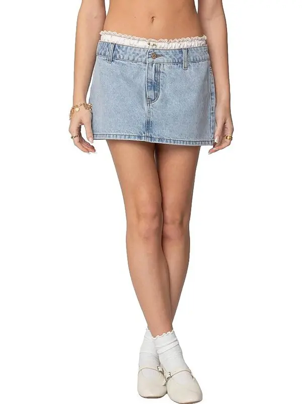 EDIKTED Floral Peekaboo Denim Mini Skirt - Light-blue