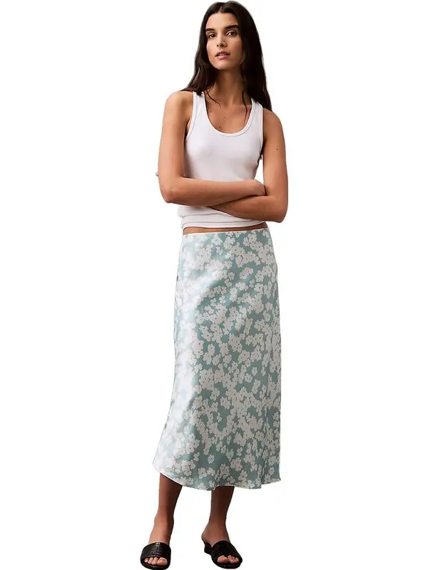 Calvin Klein Crushed Satin Print Midi Skirt - Cloud Blue