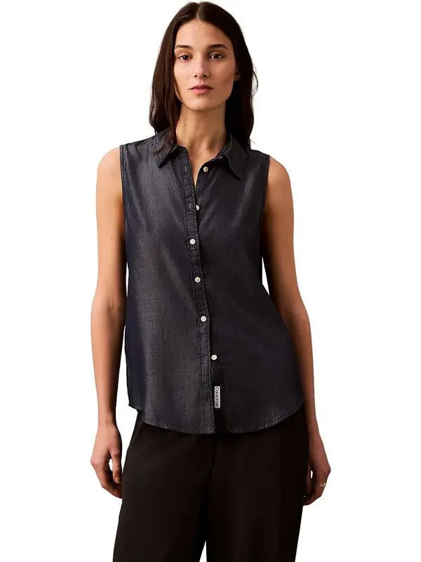 Calvin Klein Sleeveless Denim Button-down Shirt - Navy Indigo