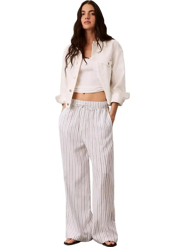 Calvin Klein Linen Cotton Pull-on Pants - Dark Denim Stripe