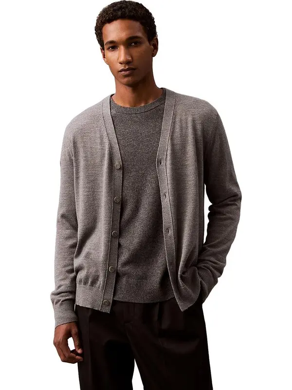 Calvin Klein Extra Fine Merino Wool Blend Cardigan Sweater - Medium Grey Heather