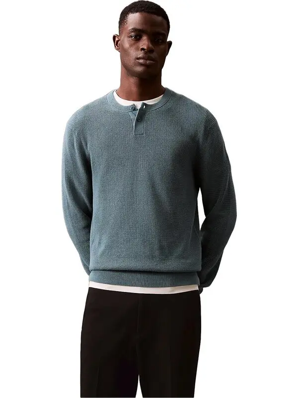 Calvin Klein Smooth Cotton Waffle Henley Sweater - North Atlantic