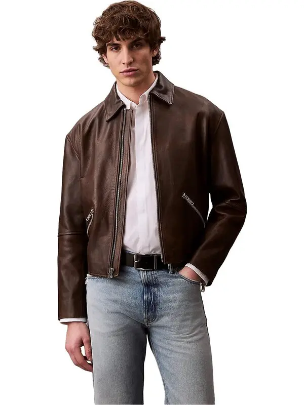 Calvin Klein Distressed Leather Biker Jacket - Dusty Umber