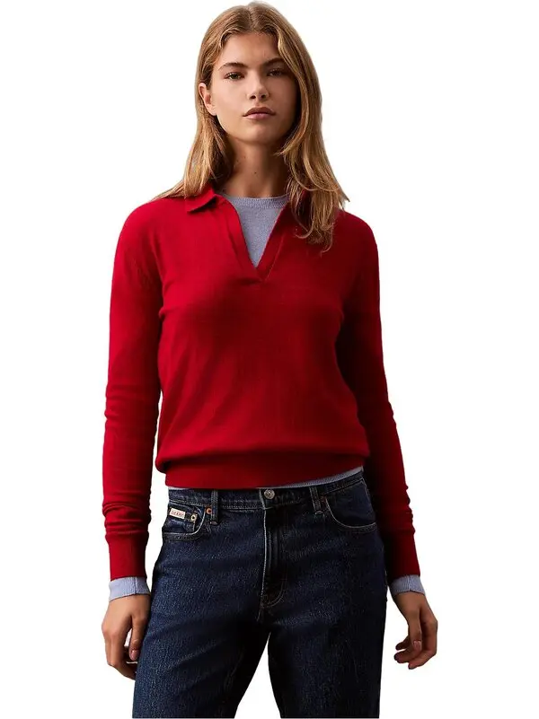 Calvin Klein Extra Fine Merino Blend Polo Sweater - Scarlet