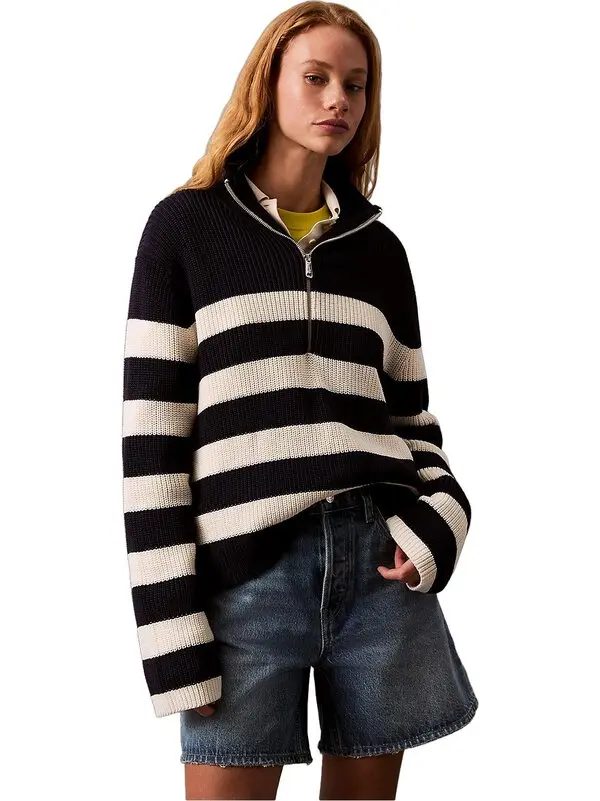 Calvin Klein Smooth Cotton Chunky Quarter-zip Sweater - Blue / White Stripe