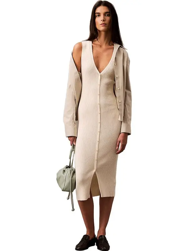 Calvin Klein Cotton Ribbed Sweater Midi V-neck Dress - Antique White