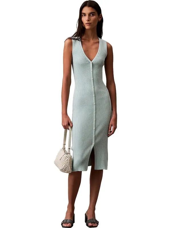 Calvin Klein Cotton Ribbed Sweater Midi V-neck Dress - Blue Haze