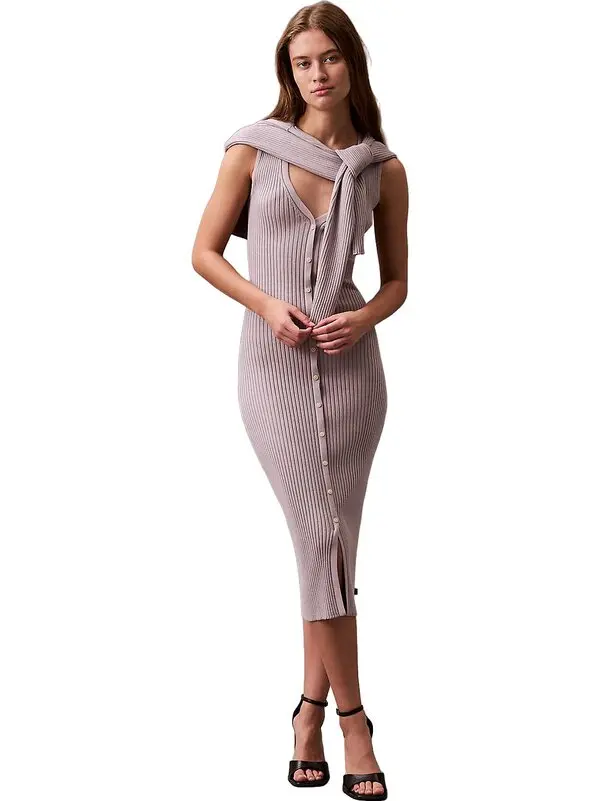 Calvin Klein Cotton Ribbed Sweater Midi V-neck Dress - Gull Grey