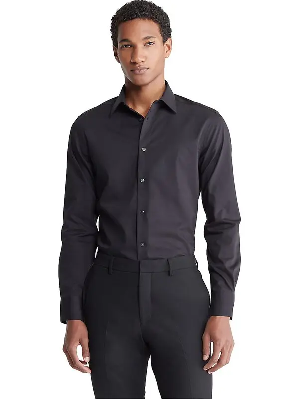 Calvin Klein Cotton Herringbone Slim Fit Dress Shirt - Black