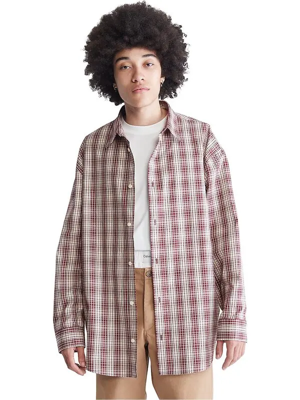 Calvin Klein Relaxed Fit Plaid Button-down Shirt - Red Rock