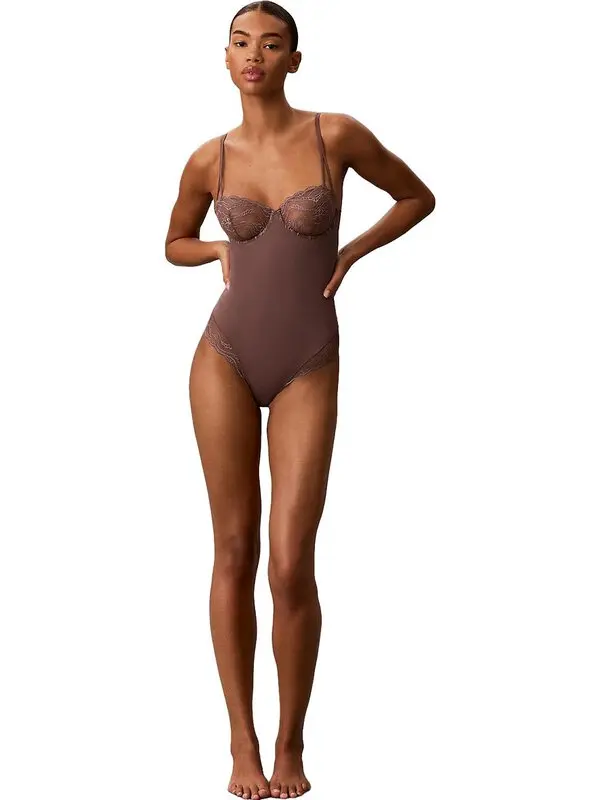 Calvin Klein Sensual Stretch Lace Bodysuit - Botanical Brown