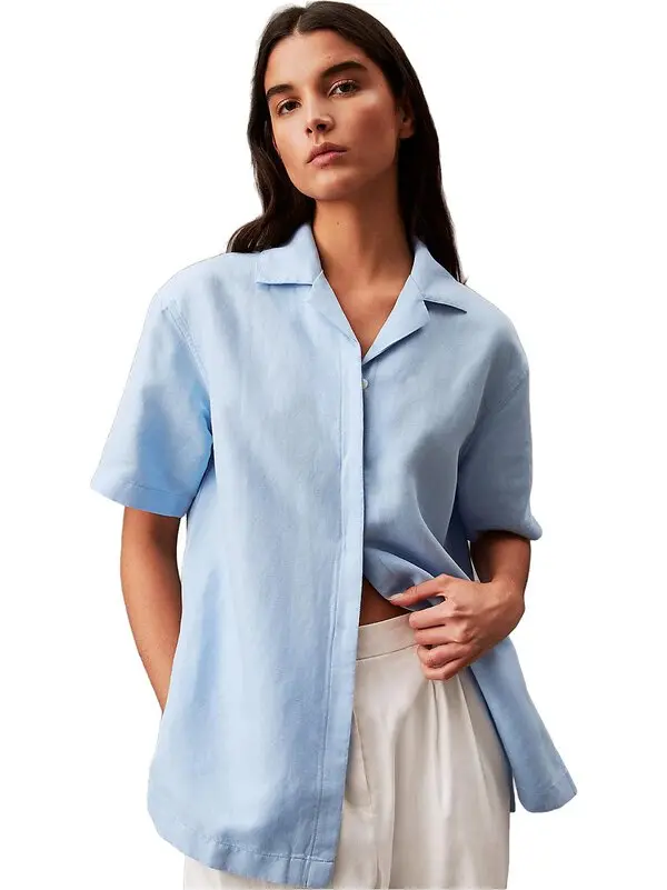 Calvin Klein Linen Blend Camp Shirt - Blue Bell