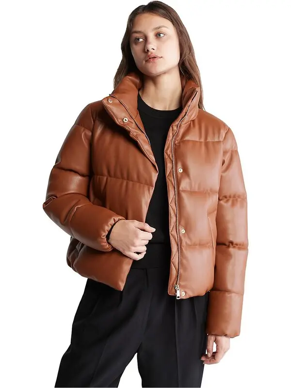 Calvin Klein Faux Leather Puffer Jacket - Cognac