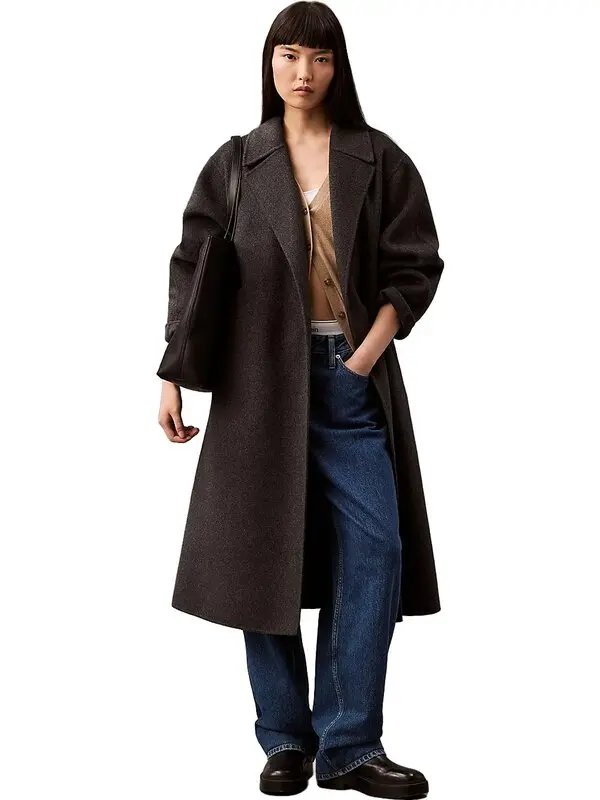 Calvin Klein Double Faced Wool Blend Wrap Coat - Gunmetal Melange