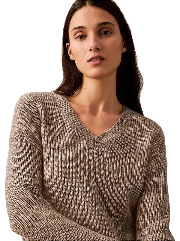 Calvin Klein Ribbed Knit V-neck Relaxed Sweater - Driftwood Melange