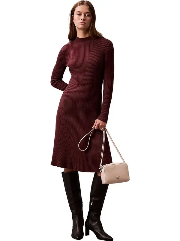 Calvin Klein Smooth Cotton Ribbed Sweater Dress - Decadent Chocolate