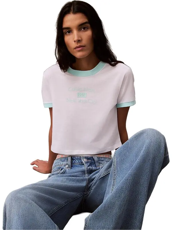Calvin Klein Logo Graphic Cropped T-shirt - Brilliant White / Blue Light