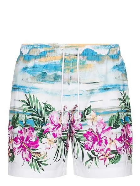 ORIGINAL PENGUIN Hibiscus Scene Swim Trunk - Bright White