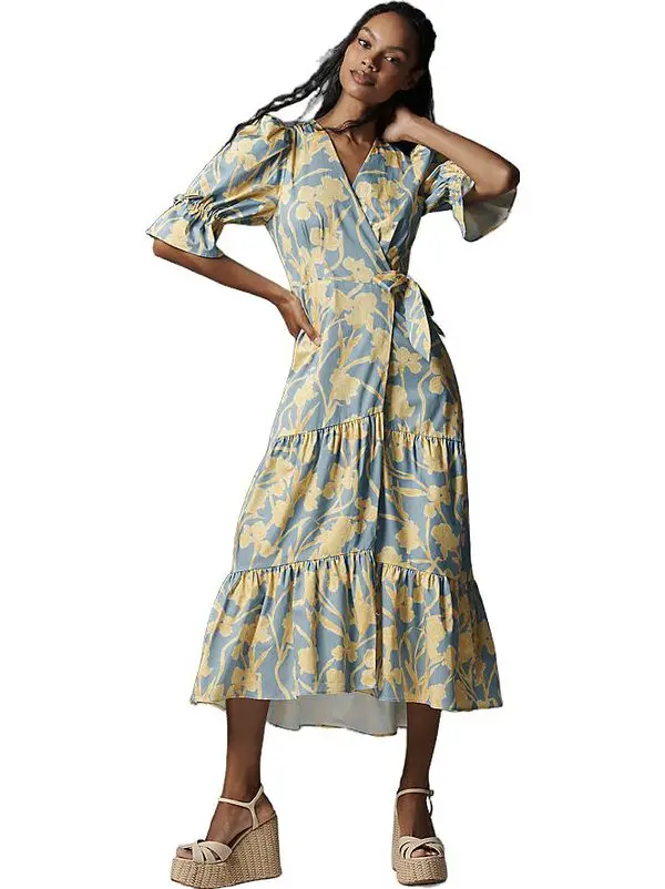 HUTCH Puff-sleeve Wrap Midi Dress - Blue Pattern