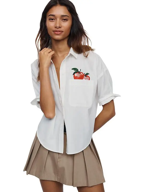 Maeve Mabel Boxy Oxford Shirt With Embroidered Pocket Detail - Apples