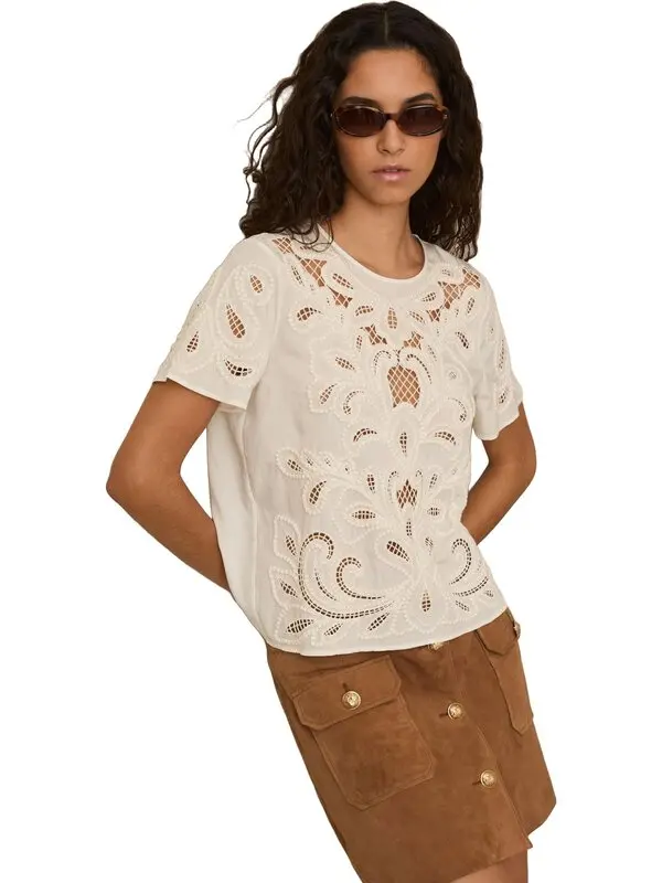 REISS Iyla Floral Cut-out Embroidery Top - Ivory