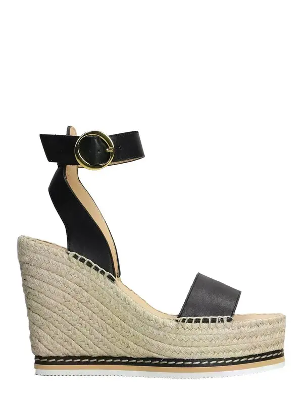 ODISSI Leather Espadrille Wedges - Black