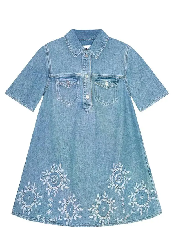 GANNI Embroidered Denim Shirt Dress - Blue